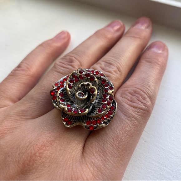 Vintage | Jewelry | Vintage Chunky Silver Ruby Rose Flower Ring | Poshmark